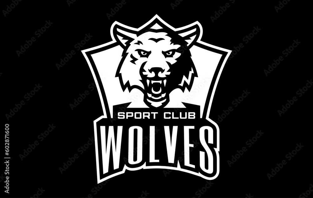 Monochrome sticker, sport logo with wolf mascot. Black and white emblem ...