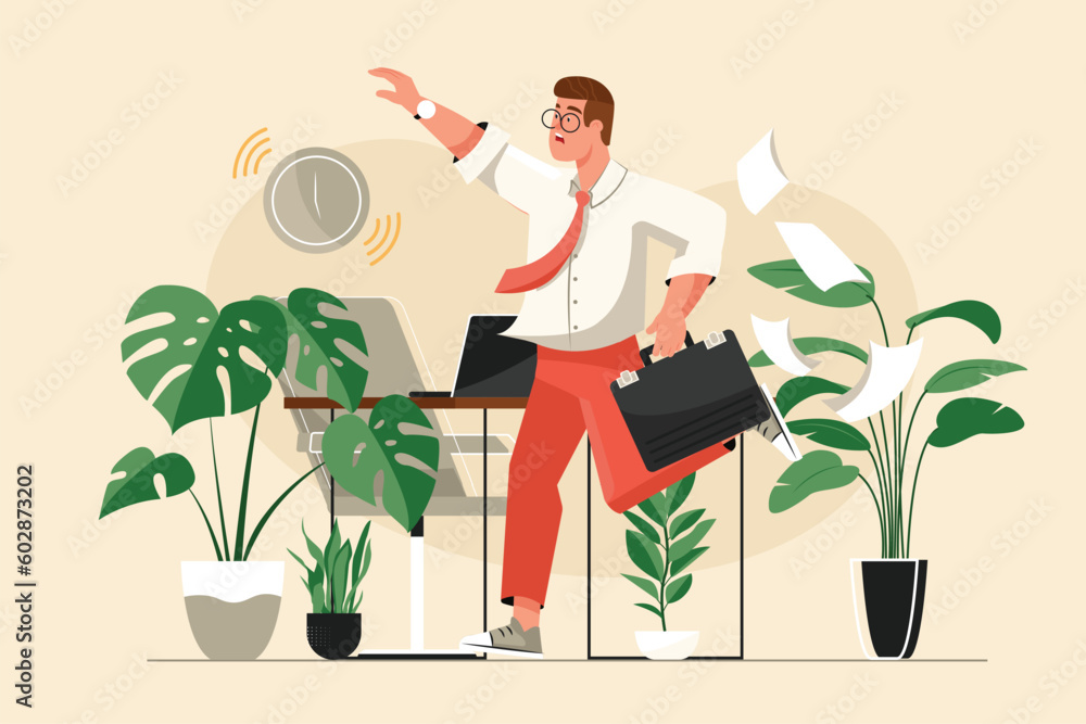 Lateness yellow concept with people scene in the flat cartoon style. A ...