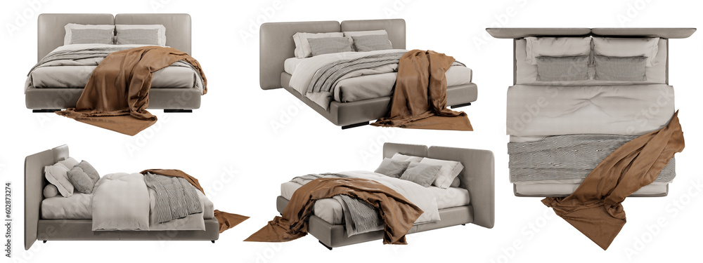 bed, bedroom,isometric bed with pillows mockup, top view, font view ...