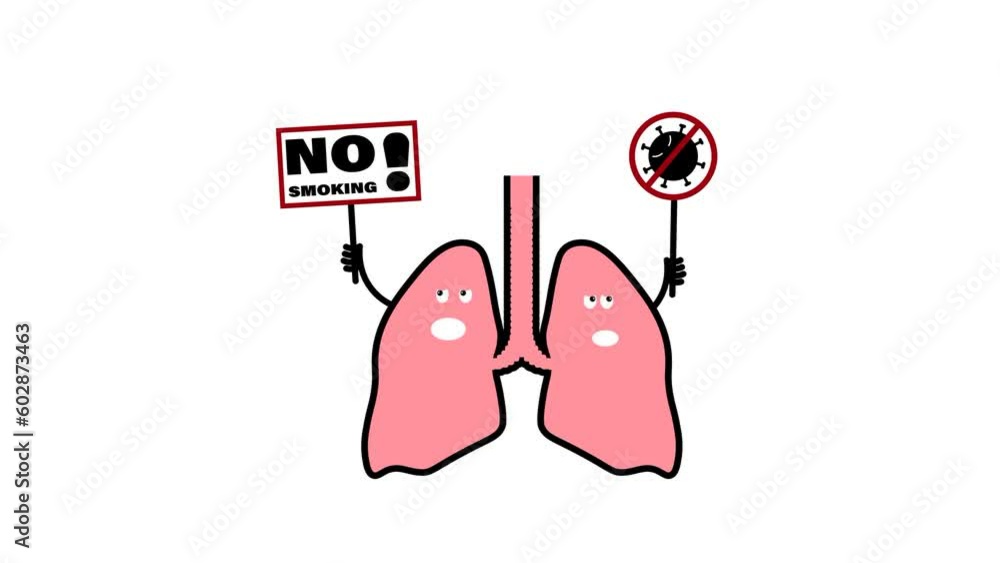 Animated cheerful human lungs with signs about dangers of smoking and ...