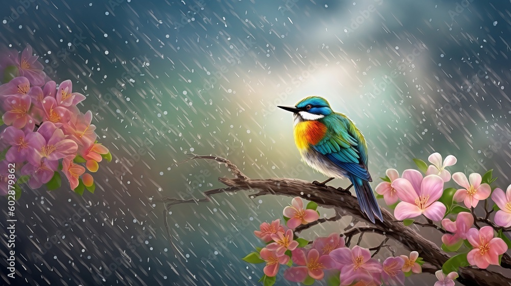 A spring rain scene, raindrops falling on the blooming flowers, a ...