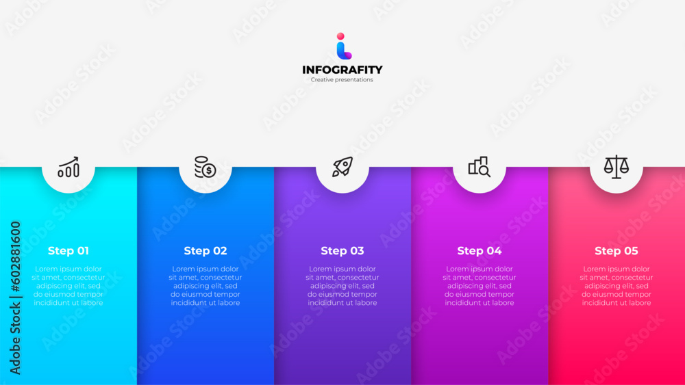 Five rectangular elements with circles and icons. Concept of business ...