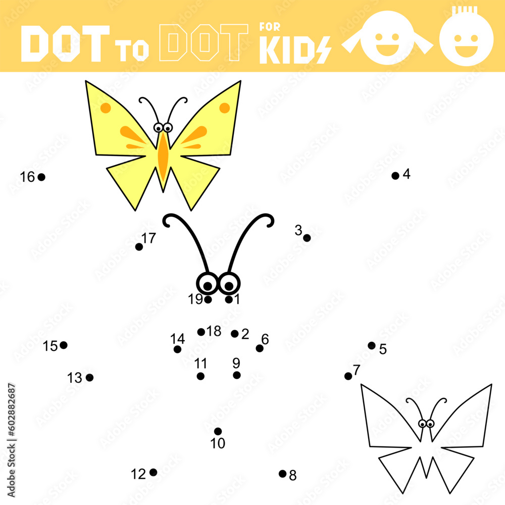 Dot to dot games for kids. Butterfly. Connect the numbers and drawing a ...