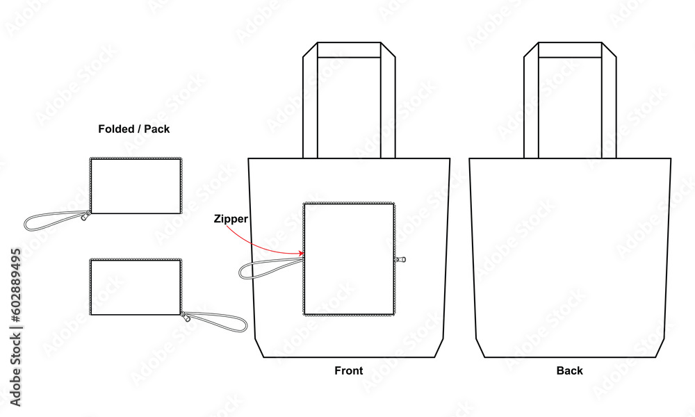 White foldable tote bag with zipper template on white background.Front ...