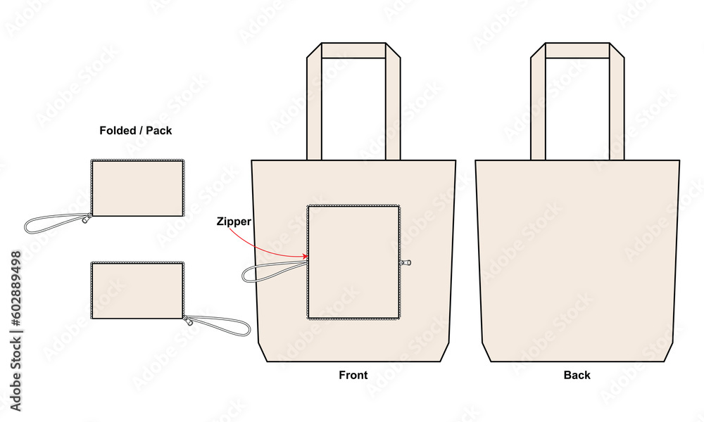 Calico foldable tote bag with zipper template on white background.Front ...