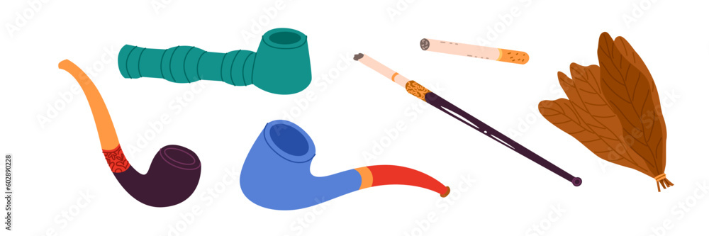 Different types of smoking pipes, mouthpiece, cigarette and tobacco ...
