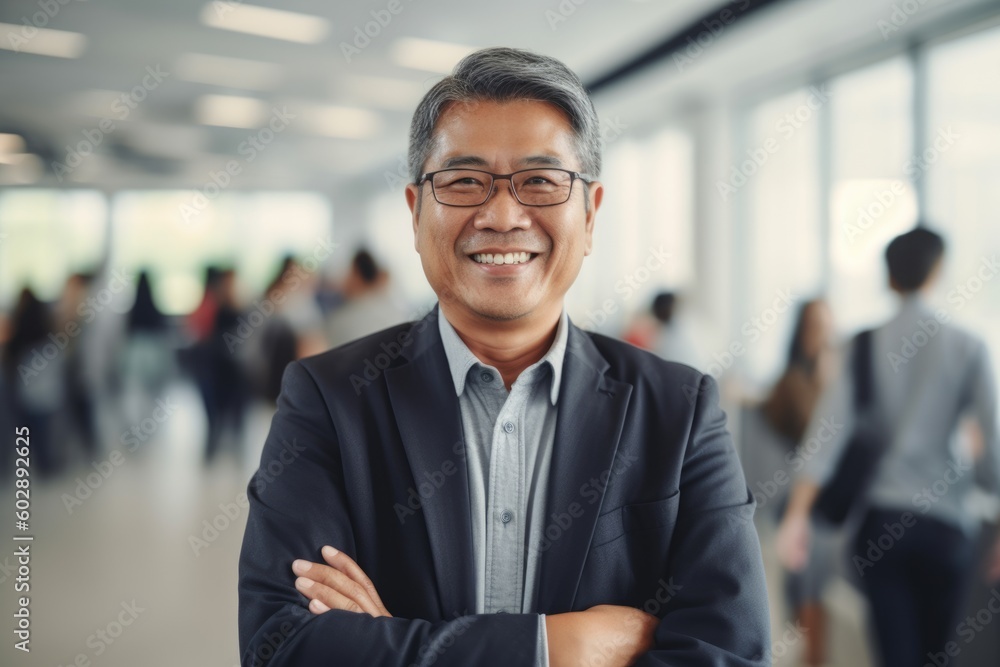 Mature smart asian businessman, smiling face, standing in blur ...