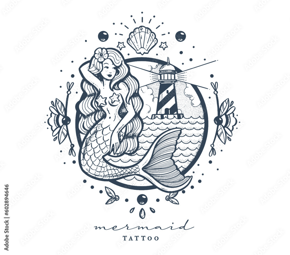 Mermaid Tattoo vintage style, claims, Lighthouse , Vector illustration ...