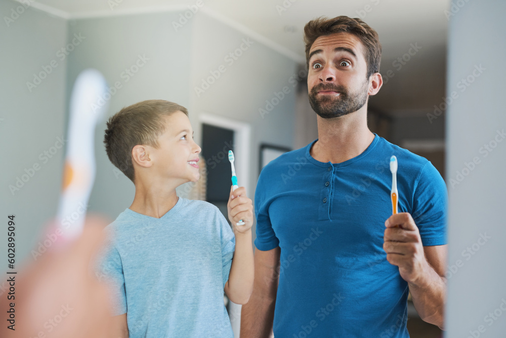 Funny face, brushing teeth and father with son in bathroom mirror for ...