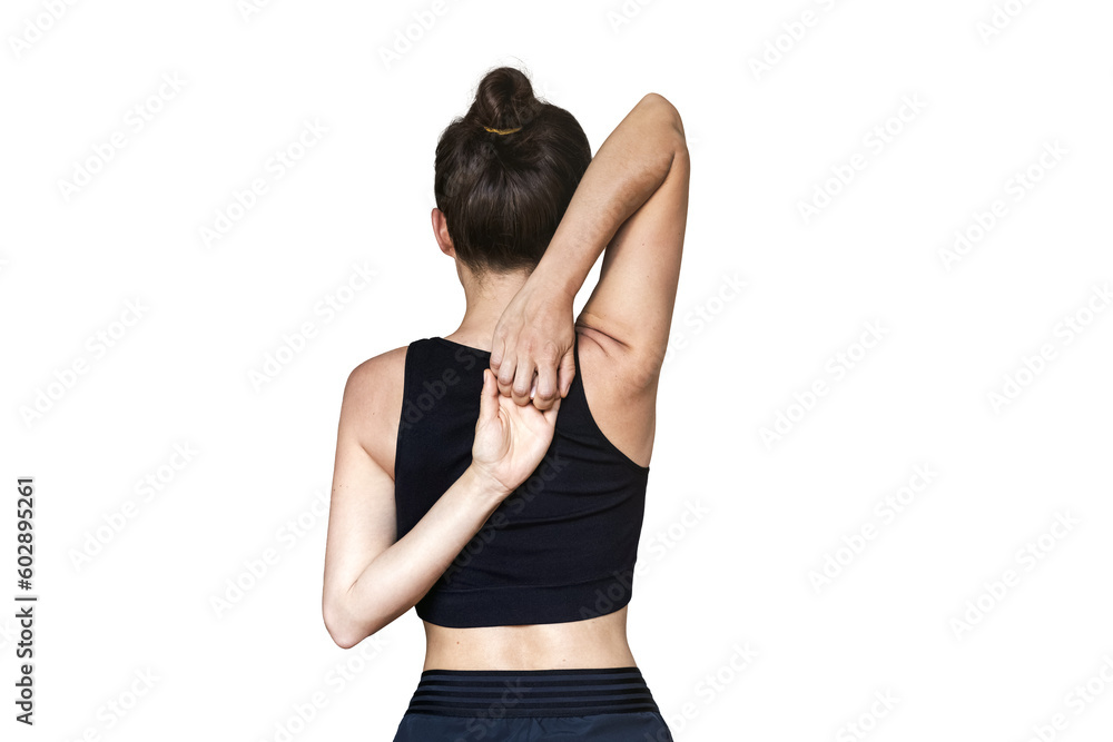 Woman doing yoga stretch exercise Cow Face pose, connecting hands ...