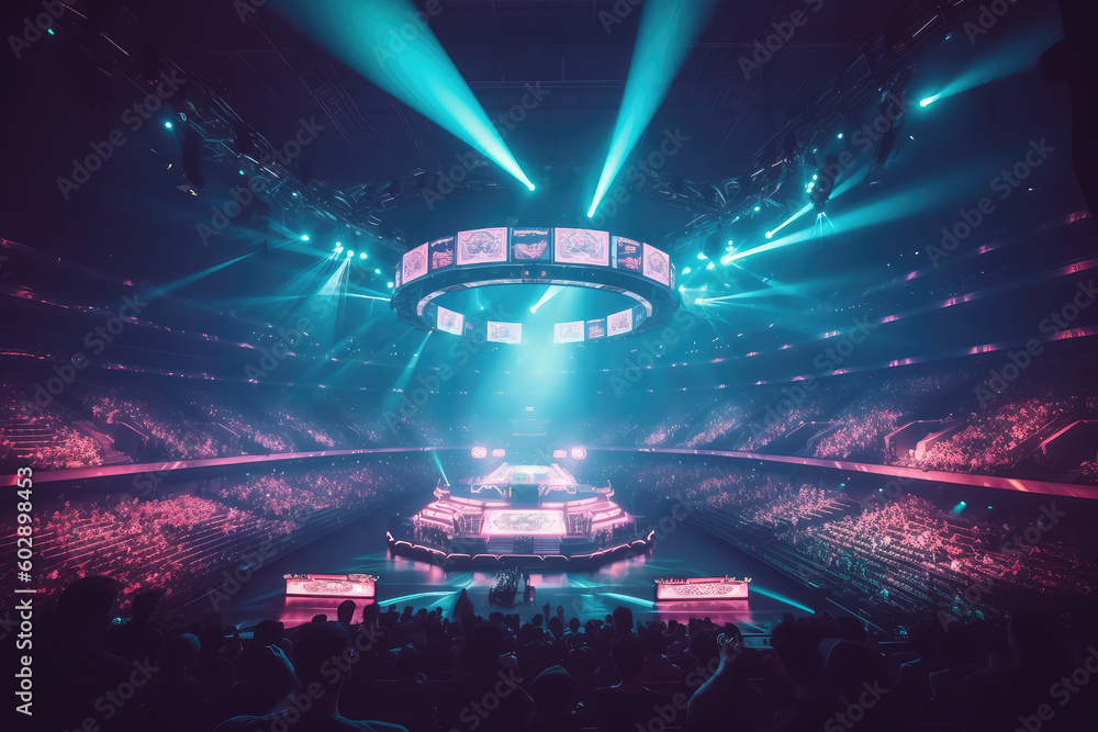 E-sports arena, filled with cheering fans and colorful LED lights ...