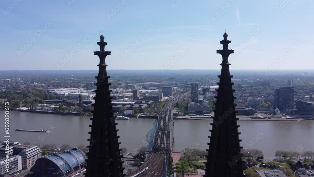Aerial, flying between twin gothic towers of Cologne Cathedral - Dom ...