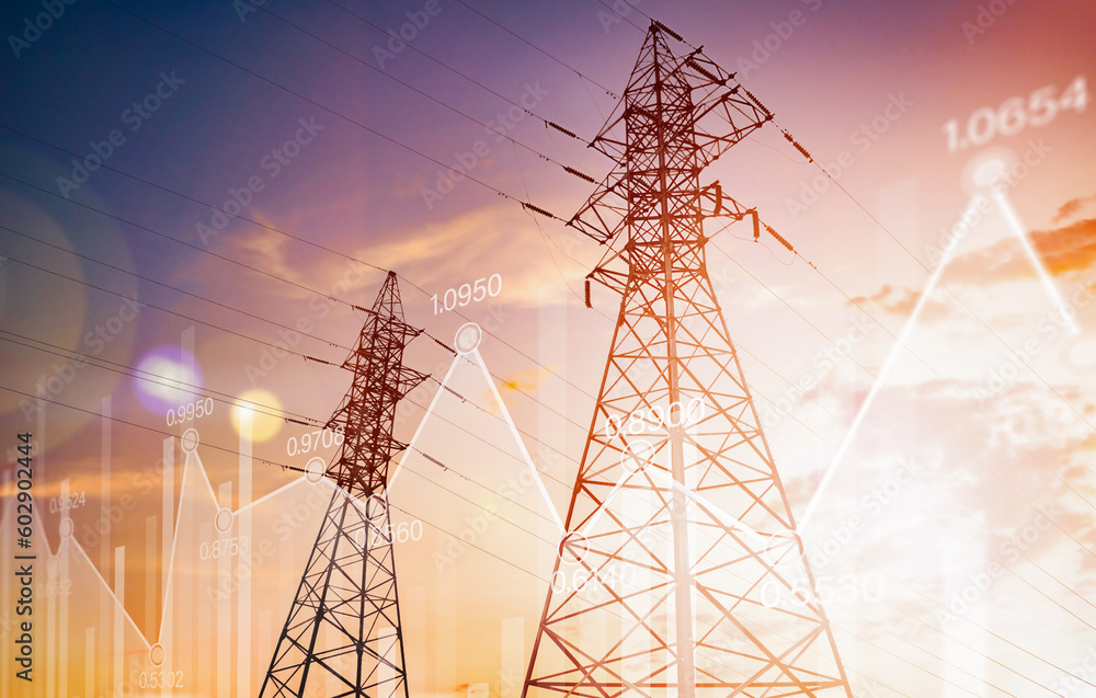 two high-voltage power lines against the backdrop of the sunset sky ...