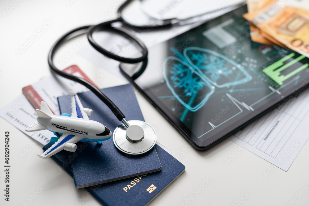 Modern social health insurance program. Tablet computer with healthcare ...