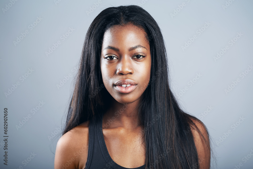 Model headshot, portrait and a confident black woman isolated on a ...