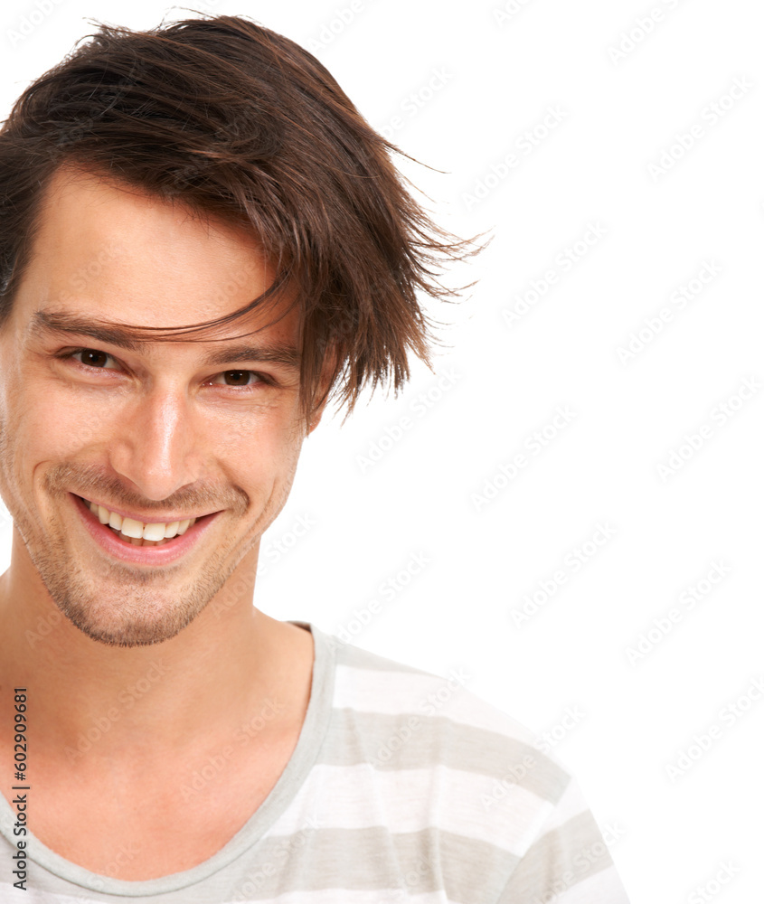 Mockup, smile and portrait of man in studio for casual, trendy and cool ...