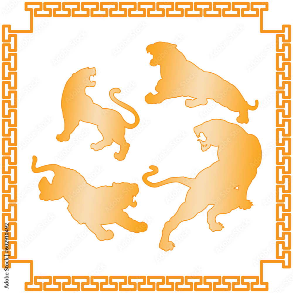 golden tiger silhouette and art line, vector illustration, chinese ...