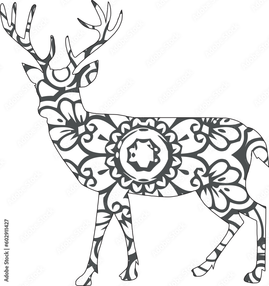 Deer mandala coloring page for children and adults. Hand drawing vector ...
