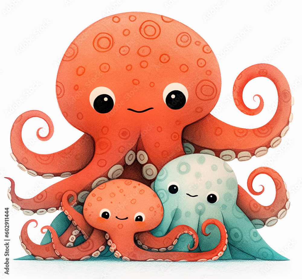 Cartoon cute octopus family on a white background. Mother and children ...