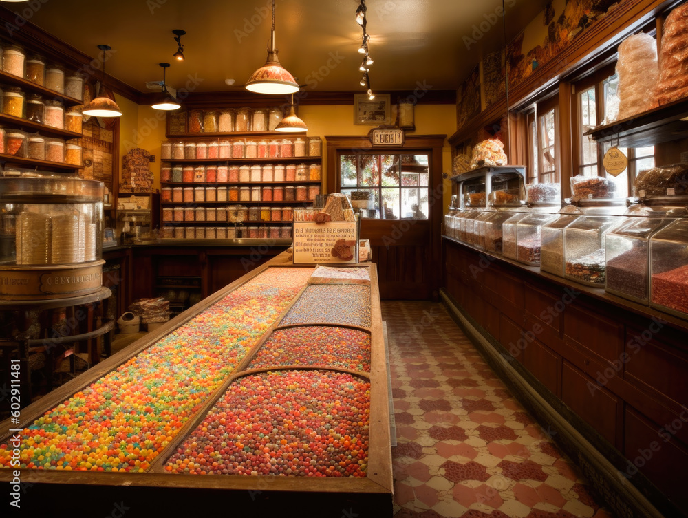 Jars of sweets displayed in a traditional sweet shop window. Luxury ...