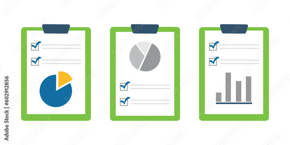 Set of document icons with a pie chart, graph marked with a blue ...