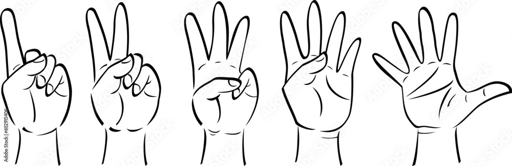 Set of human hands. Black outline of hands in different positions on a ...