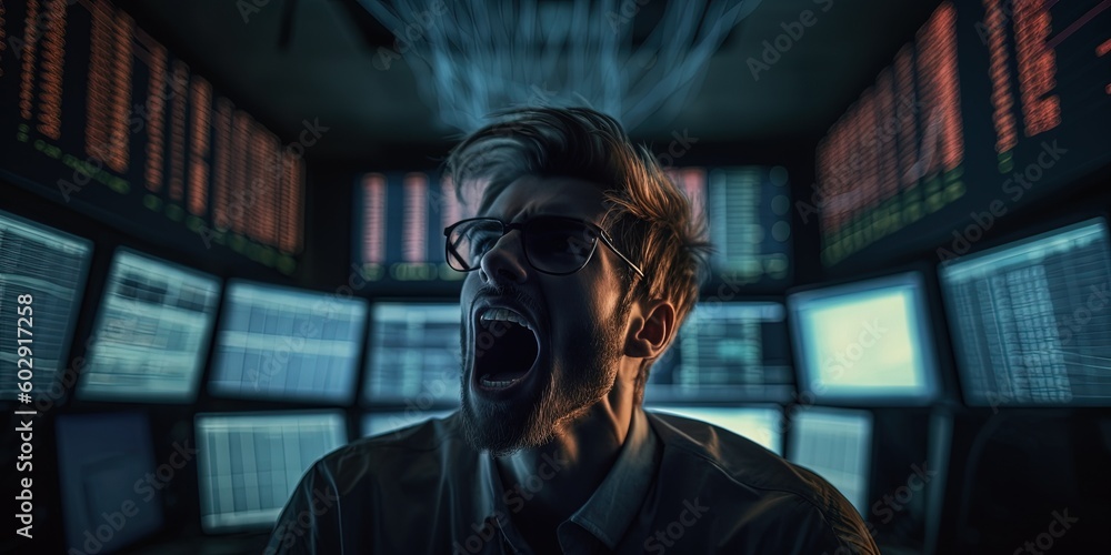 Man at work screaming in anger, burnout at work, emotional exhaustion ...
