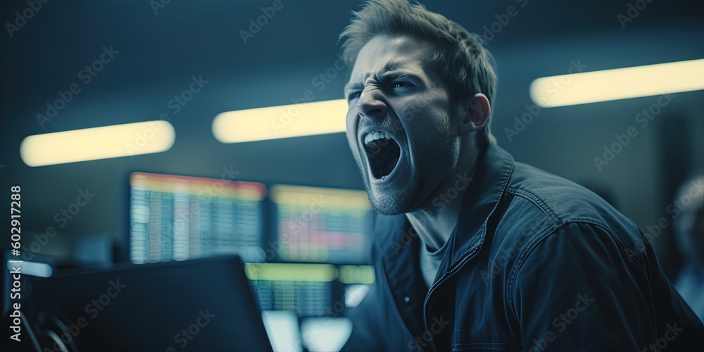 Man at work screaming in anger, burnout at work, emotional exhaustion ...