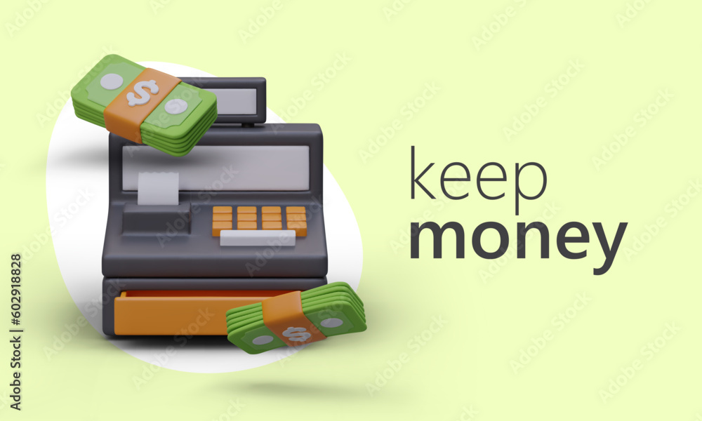 Vetor de Keep your money in safe place. 3D store cash register with ...