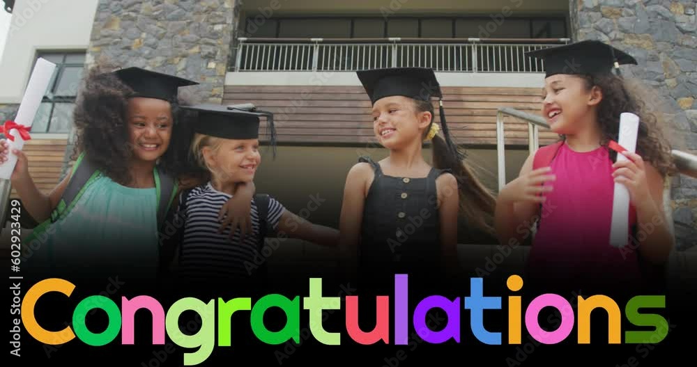 Animation of congratulations text over happy diverse schoolgirls with ...