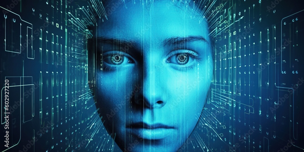 Human face on the background of the matrix. Background with computer ...