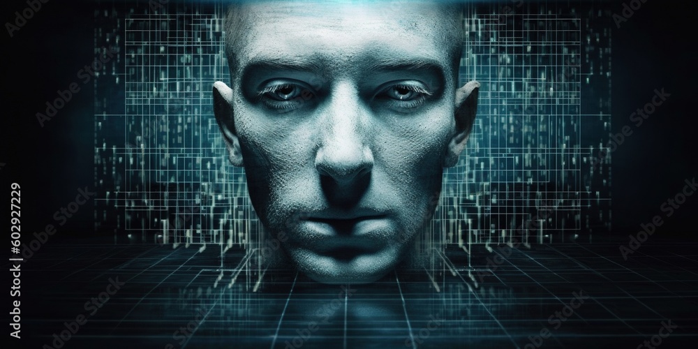 Human face on the background of the matrix. Background with computer ...