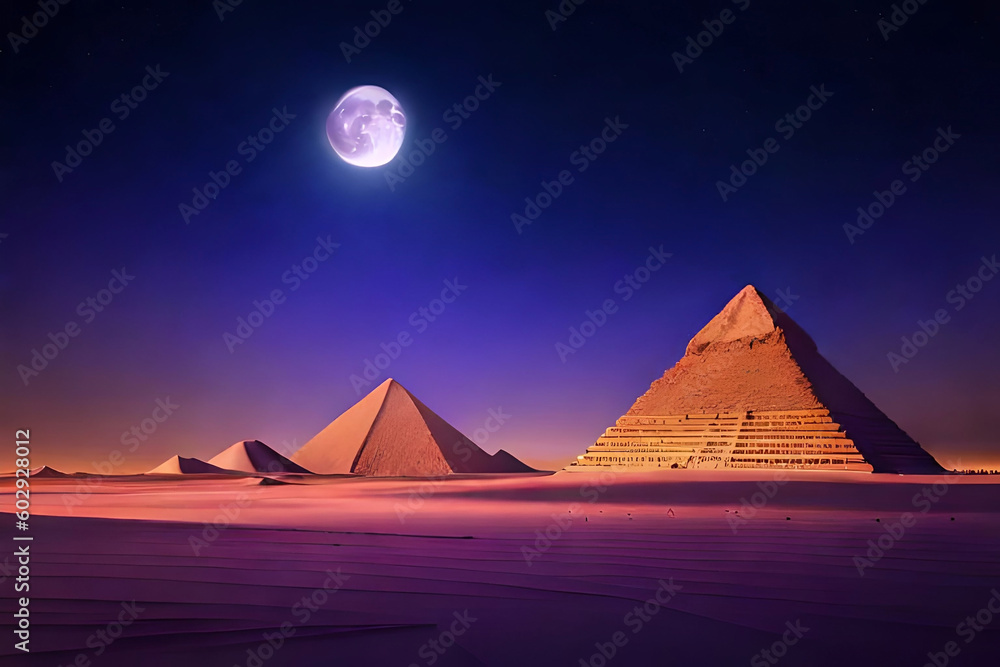 Night futuristic neon Egypt city with pyramid background. Dark cyber ...