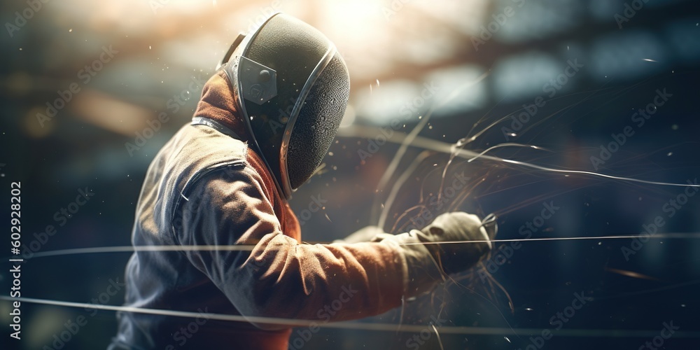 Swordsman. A man in a fencing suit is training with a sword. Sports ...