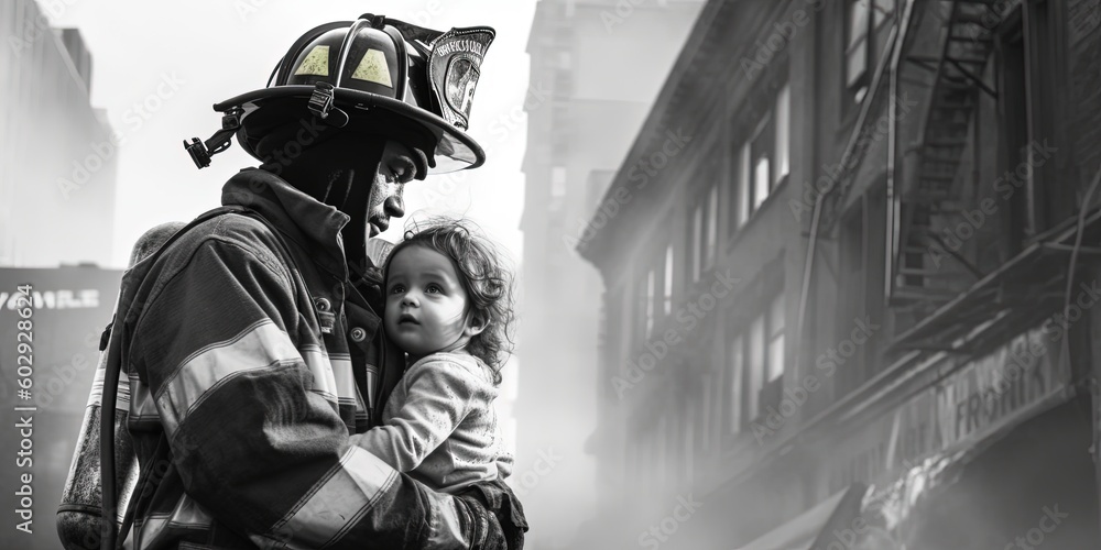 Firefighter saving a child. Firefighter man holding a small child in ...