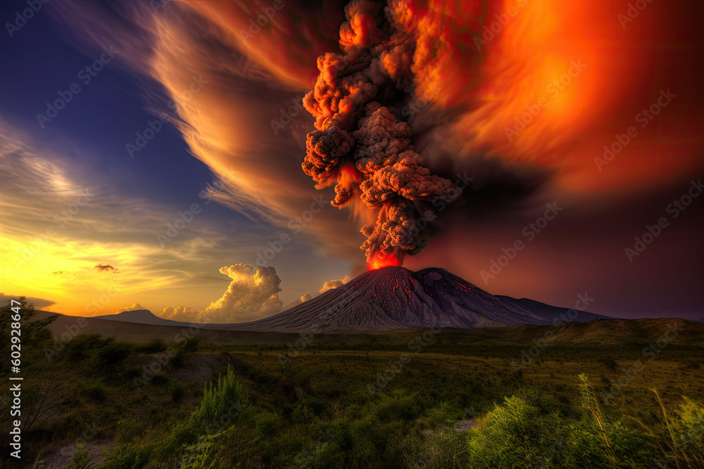 Massive volcano eruption. A large volcano erupting lava and gases into ...
