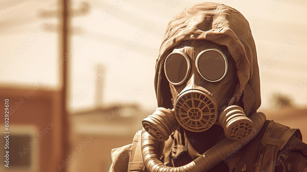 Soldier wearing gas mask in post-apocalyptic city ruins and battlefield ...