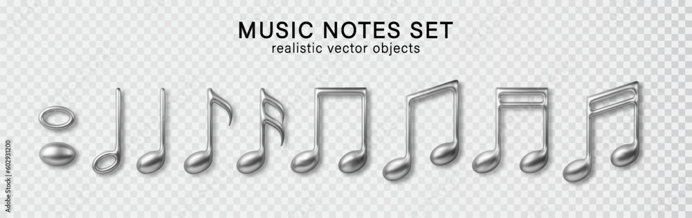 Music notes isolated 3d icons. Vector realistic silver metallic note ...