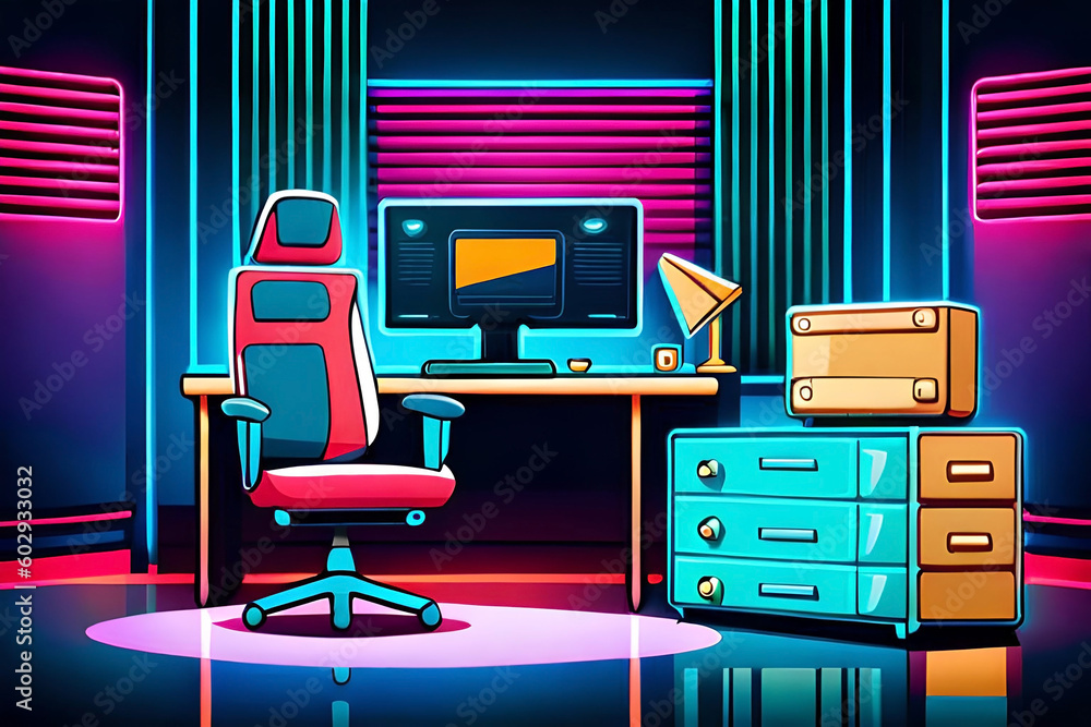 Neon teen streamer room interior with desk and pc vector background ...