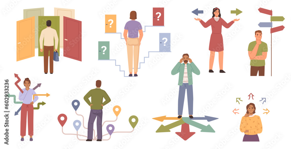 Choosing from multiple directions, solutions people and path choice concept flat cartoon vector ...