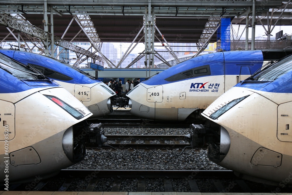 SEOUL, SOUTH KOREA - APRIL 5, 2023: KTX Sancheon high speed trains at Seoul Station. Korail KTX ...