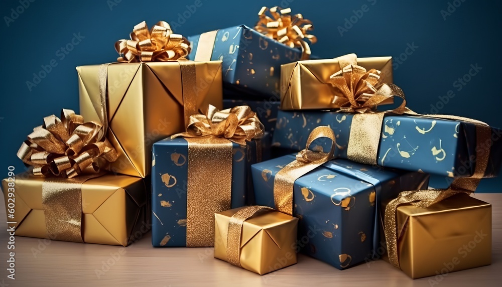 a group of presents that are stacked on top of each other with gold ...