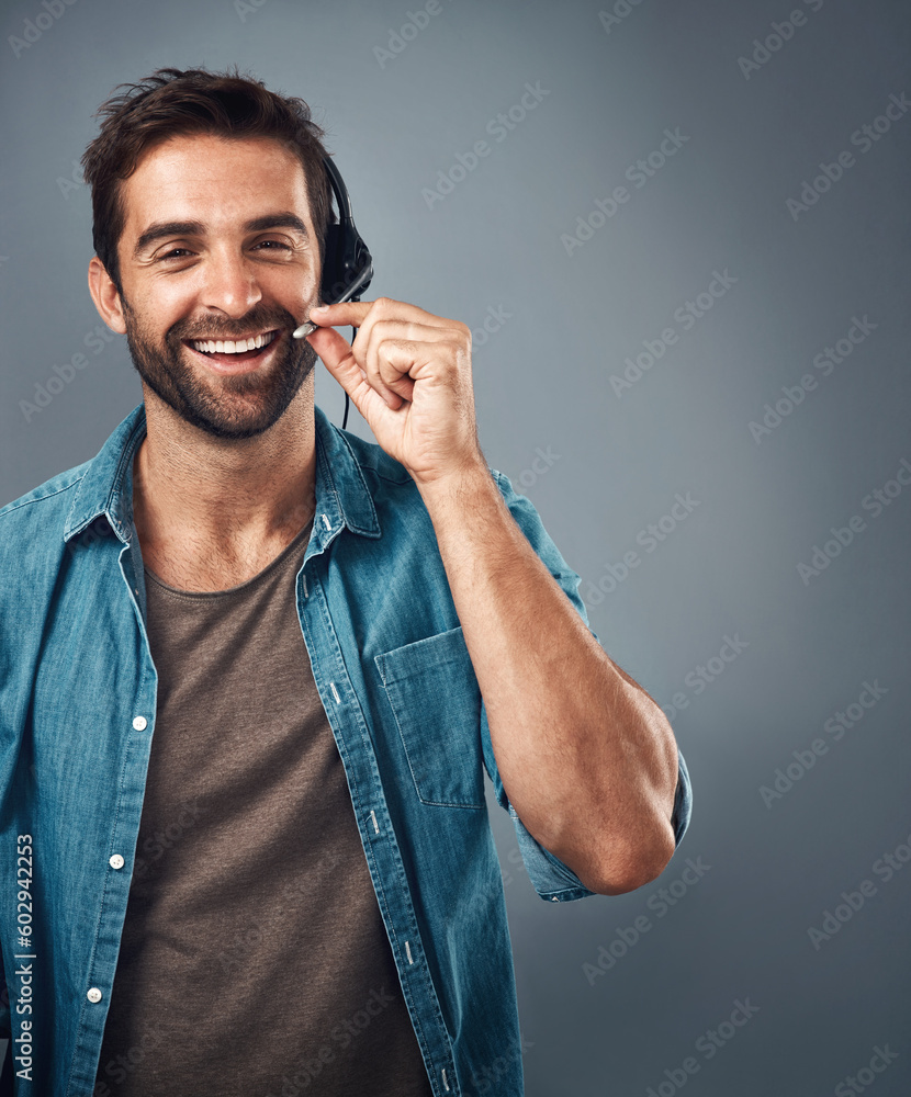 Happy man, call center and headphones of consultant on mockup against a ...