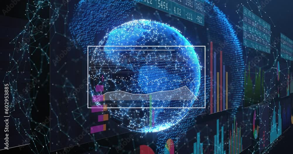 Animation Of Statistical Data Processing Over Globe And Network Of Connections On Blue