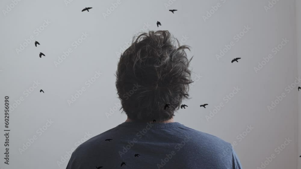 A flock of black crows is flying against the background of the back ...