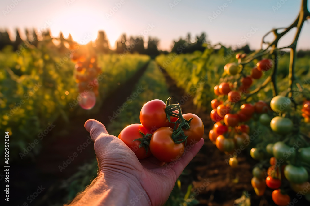 ripe tomatoes in the farmer's hand against the backdrop of a tomato ...