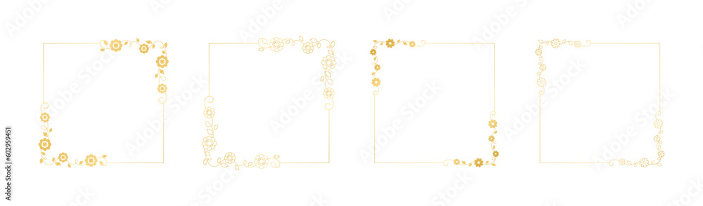 Botanical gold square frame set. Simple line border, leaves and flowers ...