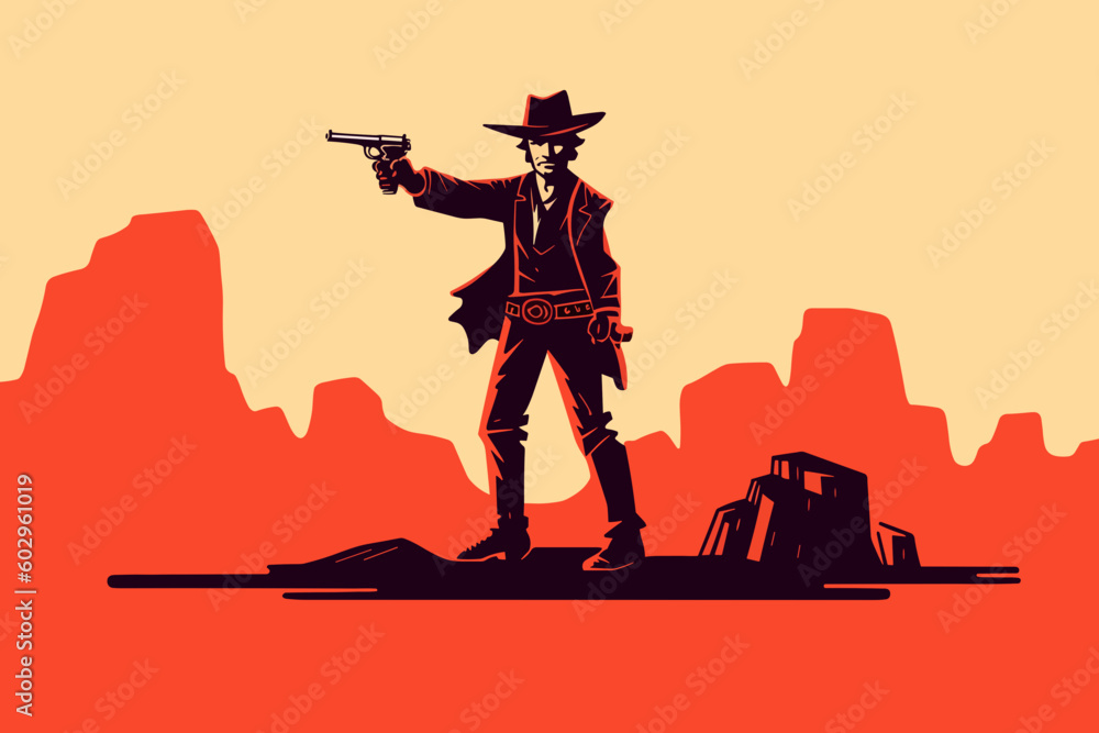 Doodle inspired Gunslinger at saloon, cartoon sticker, sketch, vector ...