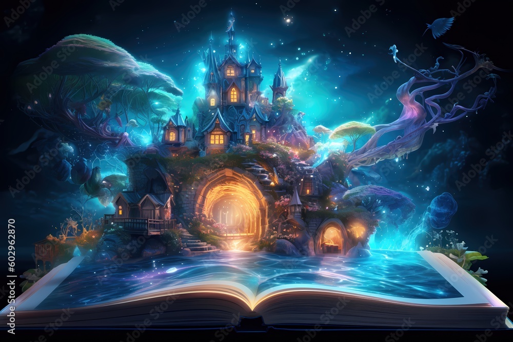 Colorful concept of a fantasy book in a vibrant world of enchantment ...