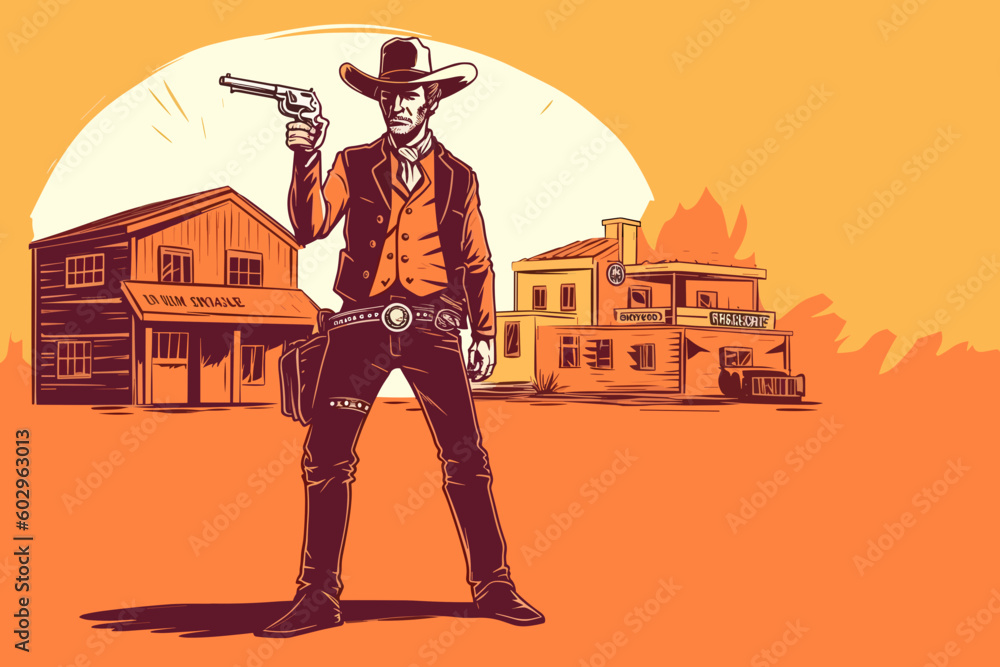 Doodle inspired Gunslinger at frontier town, cartoon sticker, sketch ...